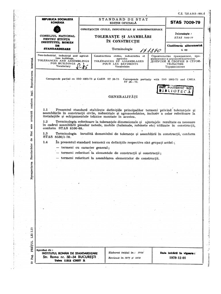 STAS 7009-79-Tolerante Si Asamblari in Constructii | PDF