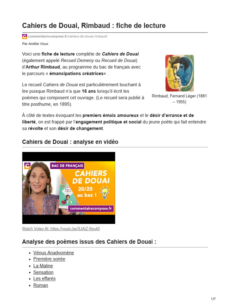Cahiers de Douai Rimbaud Fiche de Lecture | PDF