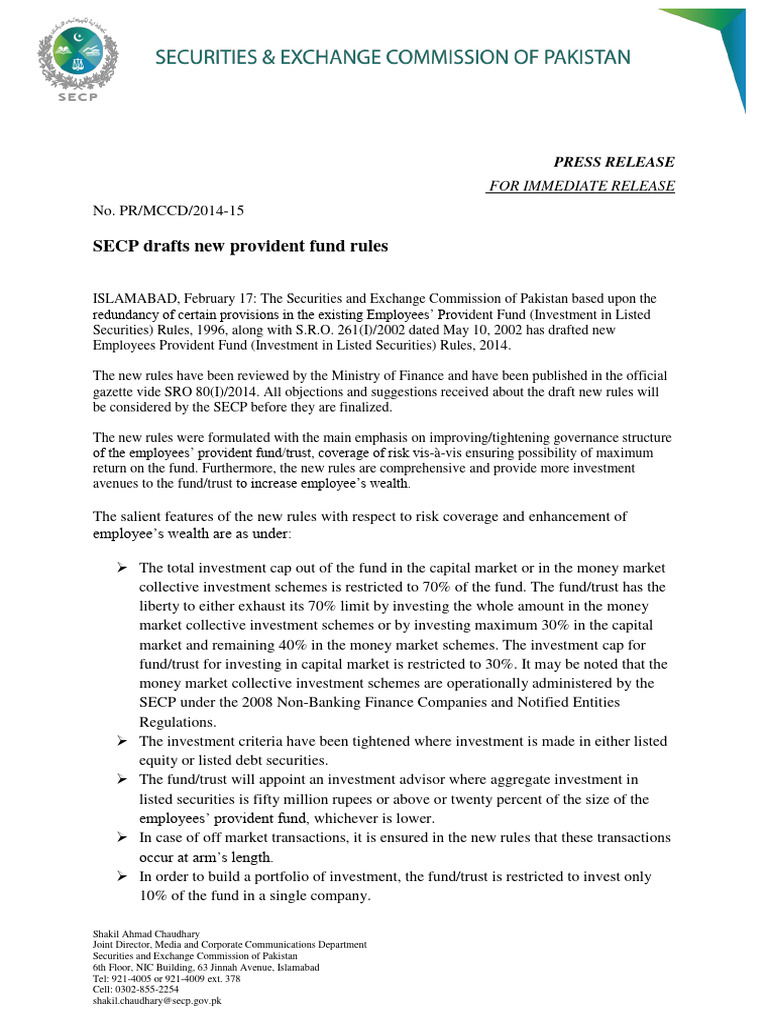 SECP Drafts New Provident Fund Rules | PDF | Securities (Finance) | Investment Fund