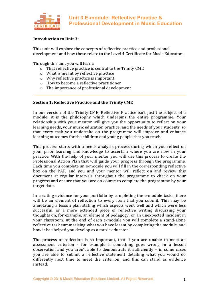 Emodule - Unit 3 - Reflective Practice Professional Development in Music Education (September ...