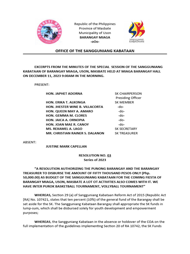 Japhet Resolution Autorizing Kap and Brgy Treas To Disbursed SK Fund | PDF | Philippines ...