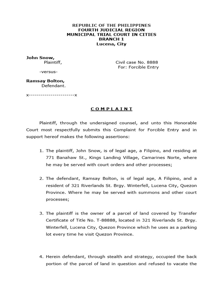 Forcible Entry | PDF | Lawsuit | Complaint