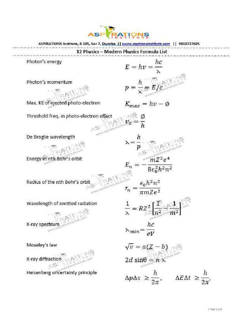 12 Phy Formula List Modern Physics PDF | PDF