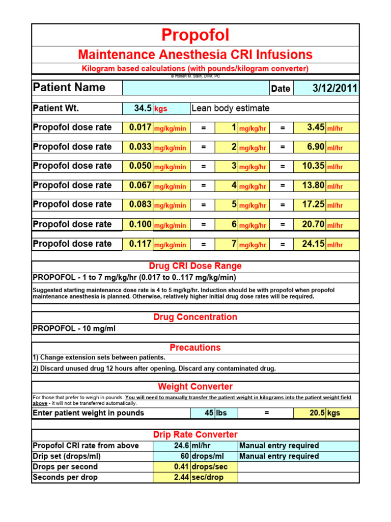 Propofol Maintenance TIVA Infusions Kgs-Lbs 03-12-11 Locked | PDF ...