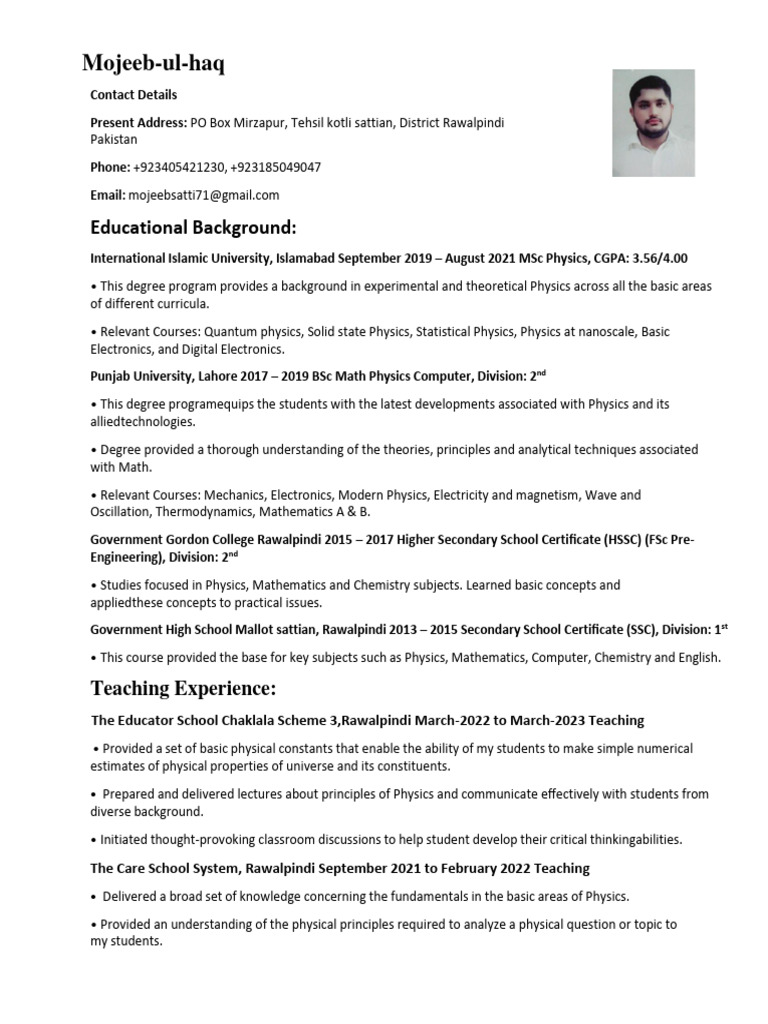 Mojeeb-ul-Haq: Physics Educator Profile | PDF | Career & Growth