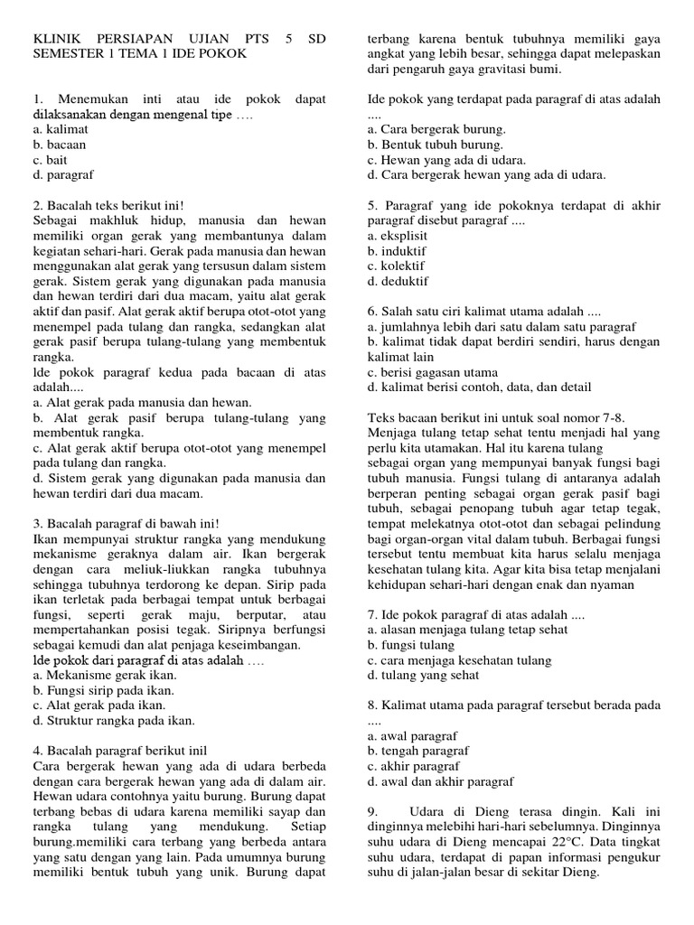 Klinik Persiapan Ujian PTS 5 SD Semester 1 Tema 1 Ide Pokok | PDF