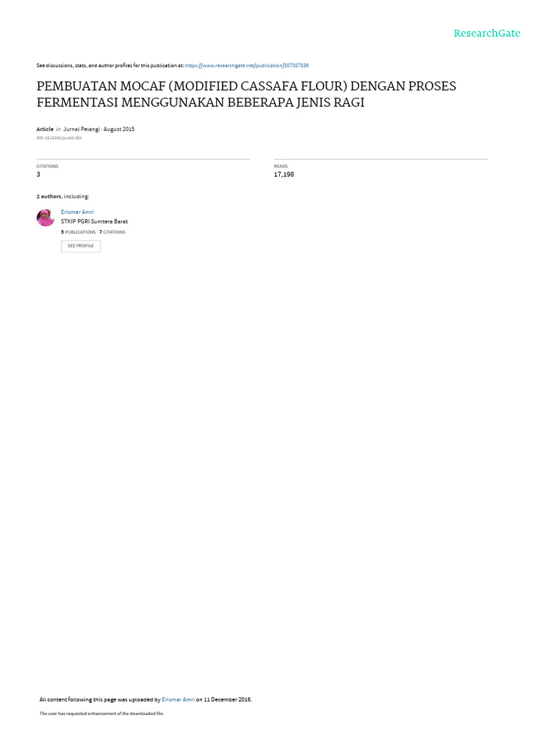 Pembuatan Mocaf Modified Cassafa Flour Dengan Pros | PDF