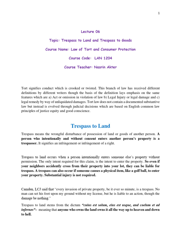 Lecture 06 Trespass To Land & Trespass To Goods | PDF | Trespass | Damages