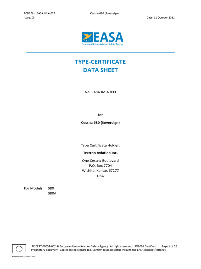 Cessna 680 Sovereign TCDS Details | PDF | Gallon | Federal Aviation ...