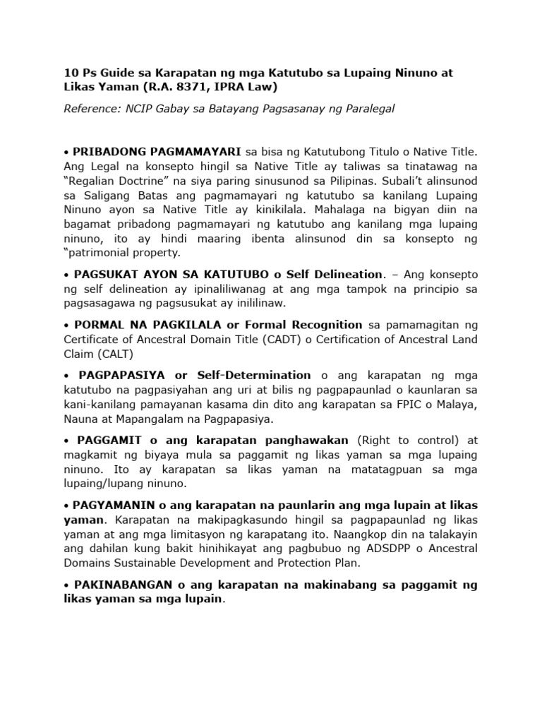 10 Ps Guide sa Karapatan ng mga Katutubo sa Lupaing Ninuno at Likas Yaman | PDF