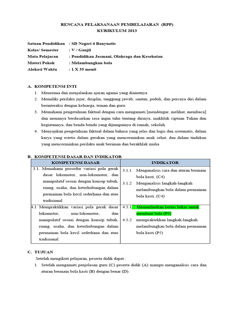 RPP Pjok Kelas 5 Inovais PRLH SMTR 1 | PDF | Karier & Perkembangan