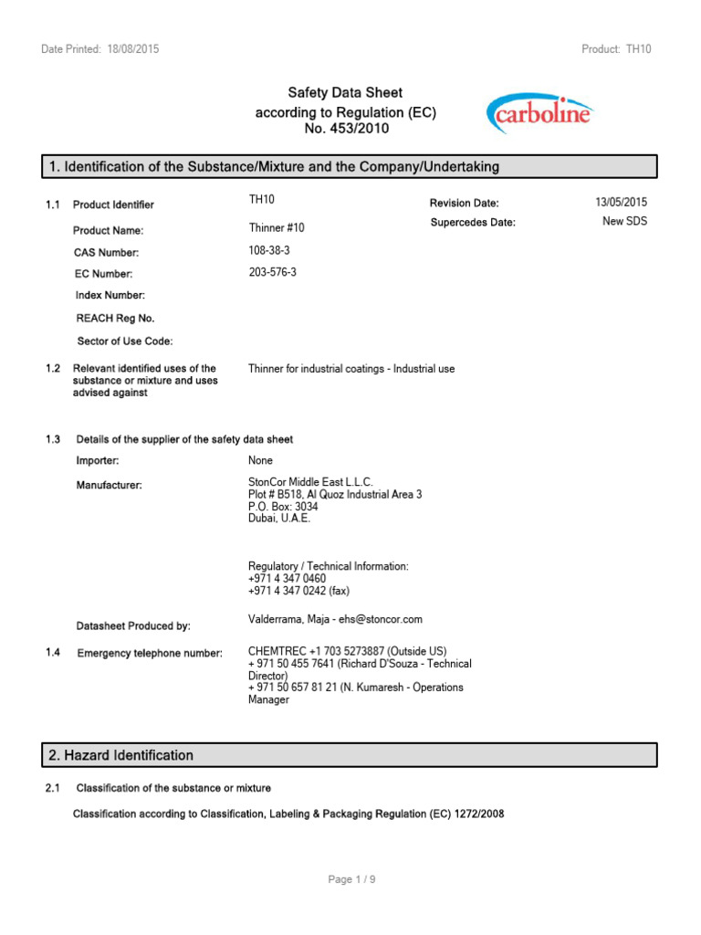 Thinner #10 MSDS Dubai | PDF