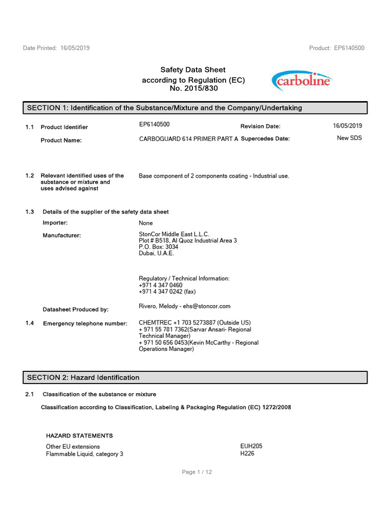 Carboguard 614 Part A MSDS | PDF
