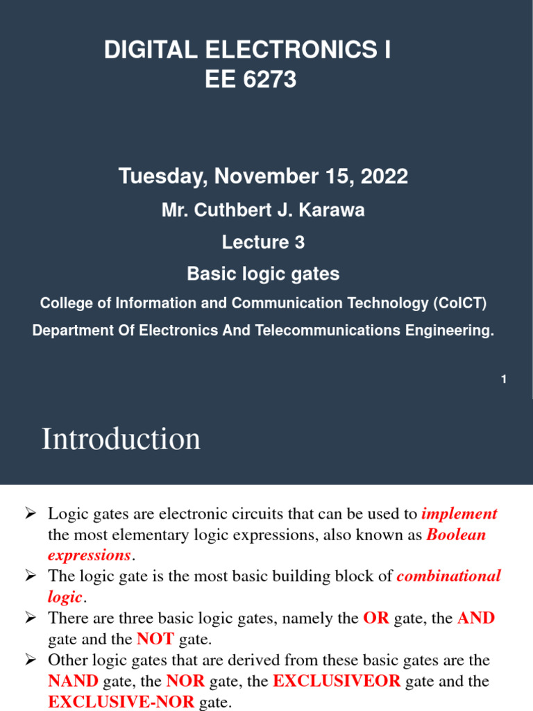 Lecture 3 - Basic Logic Gate | PDF | Logic Gate | Mathematical Logic