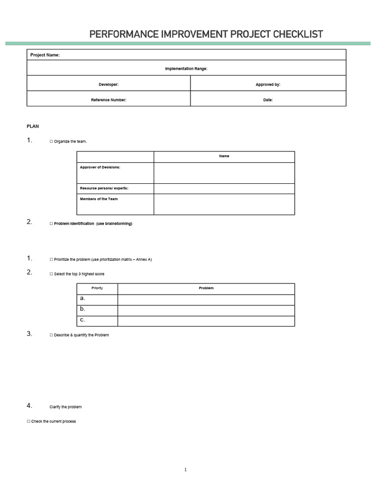Performance Improvement Project Checklist | PDF | Data | Risk