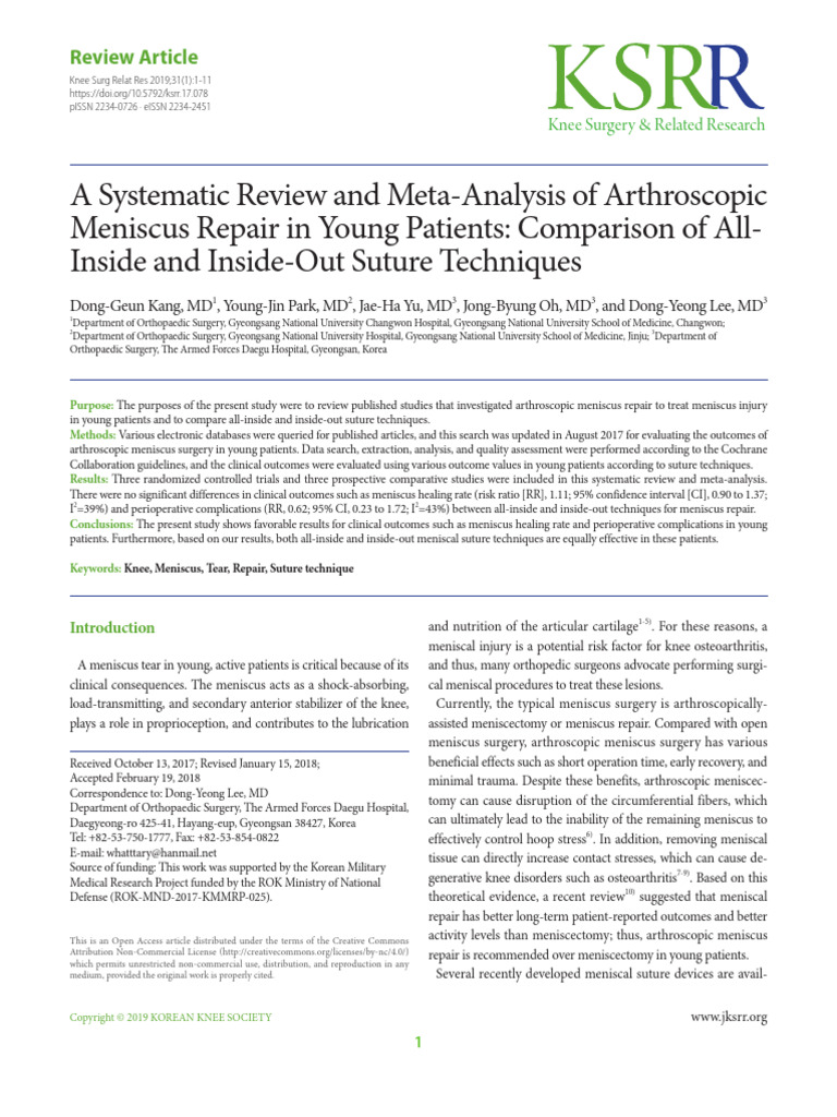 A Systematic Review and Meta Analysis of Arthroscopic Meniscus Repair in Young Patients ...