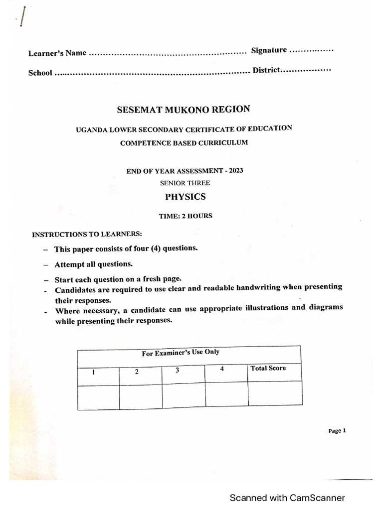SESEMAT S.3 End of Year Physics Assessme | PDF