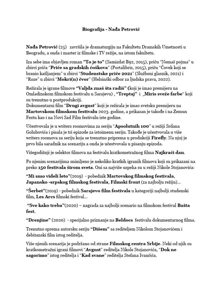 Kratka Biografija Nađa Petrović | PDF