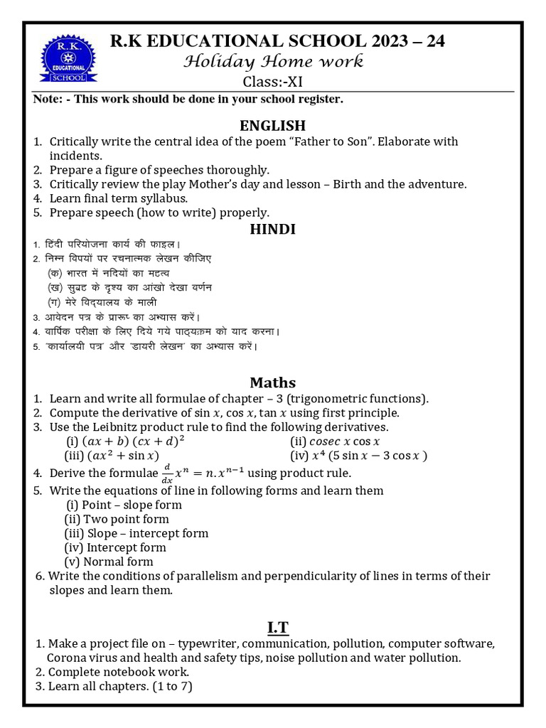 Class 11th Holiday Homework 2023-24 | PDF