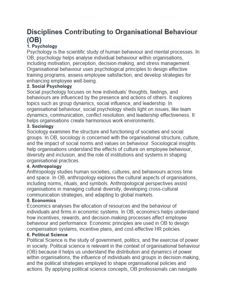 Disciplines Contributing To Organisational Behaviour | PDF | Organizational Behavior | Psychology