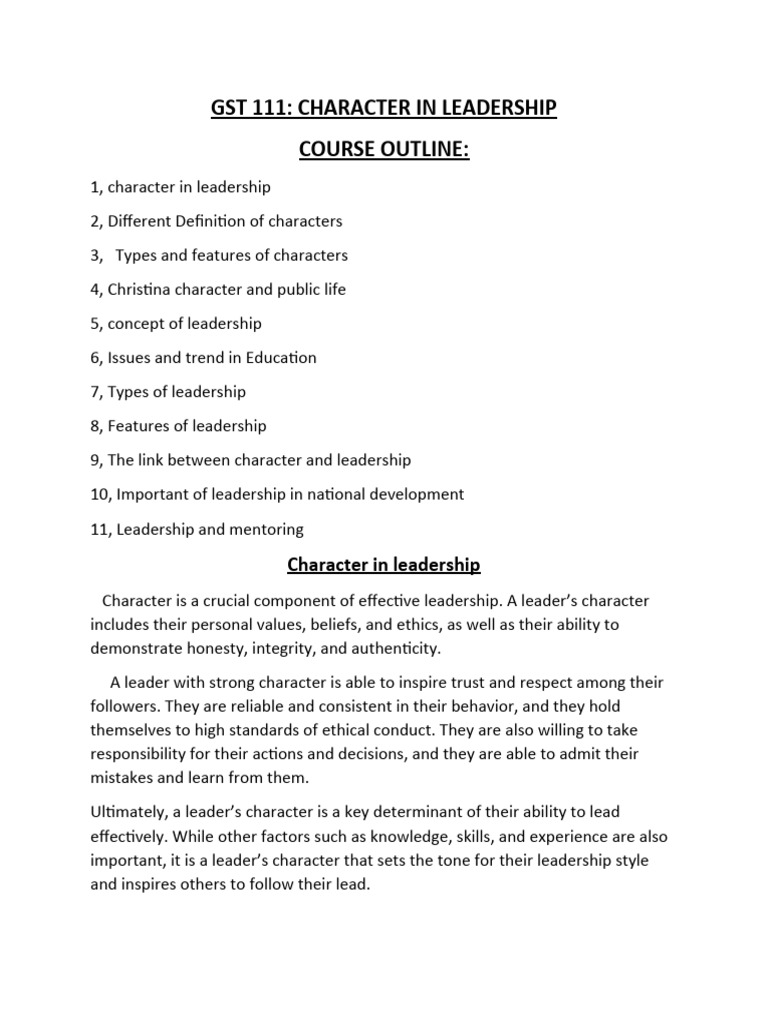 GST 111 Note Character in Leadership by Daniel Oluwatosin | PDF | Leadership | Mentorship