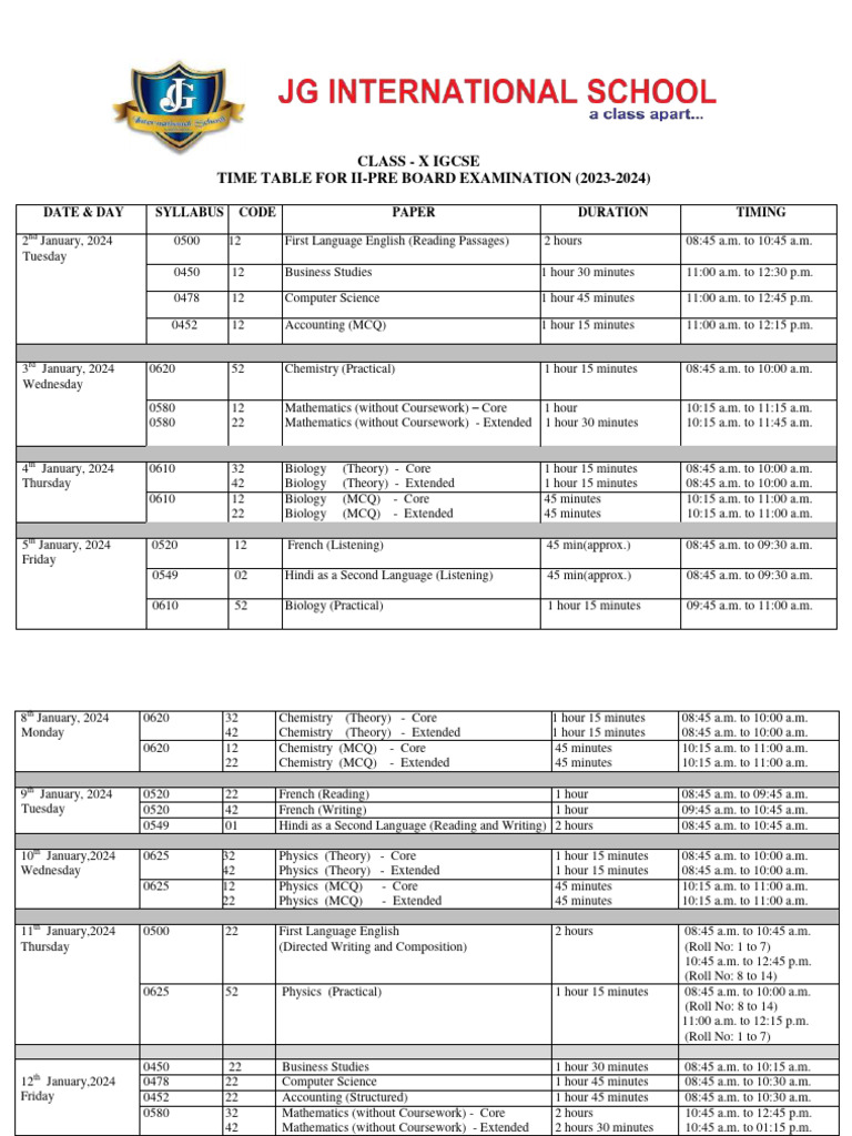 Pre Board II Timetable | PDF