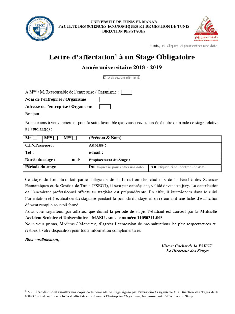 Formulaire Lettre Affectation Stage Obligatoire 2019 1 Converti | PDF Formulaire Lettre Affectation Stage Obligatoire 2019 1 Converti | PDF