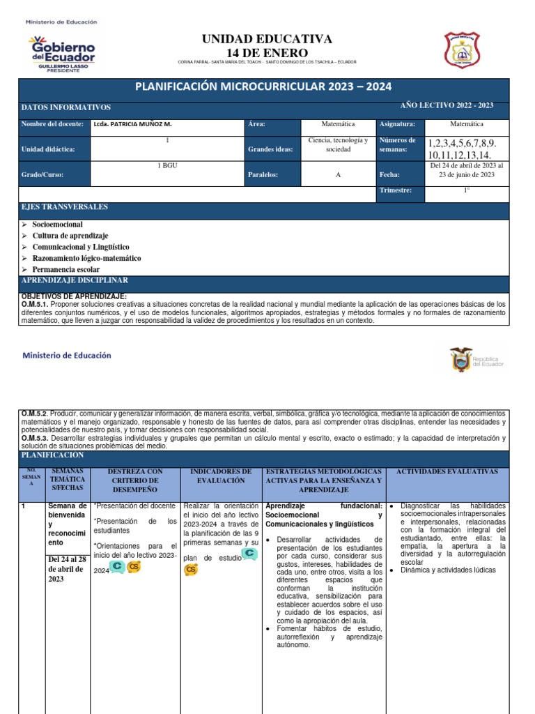 Planificación Matemática 1 BGU 2023-2024 | PDF | Ecuaciones | Factorización