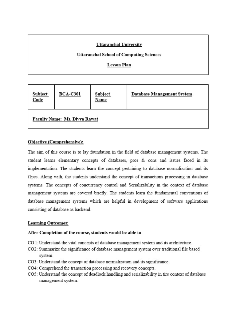 Database Management System Lesson Plan | PDF