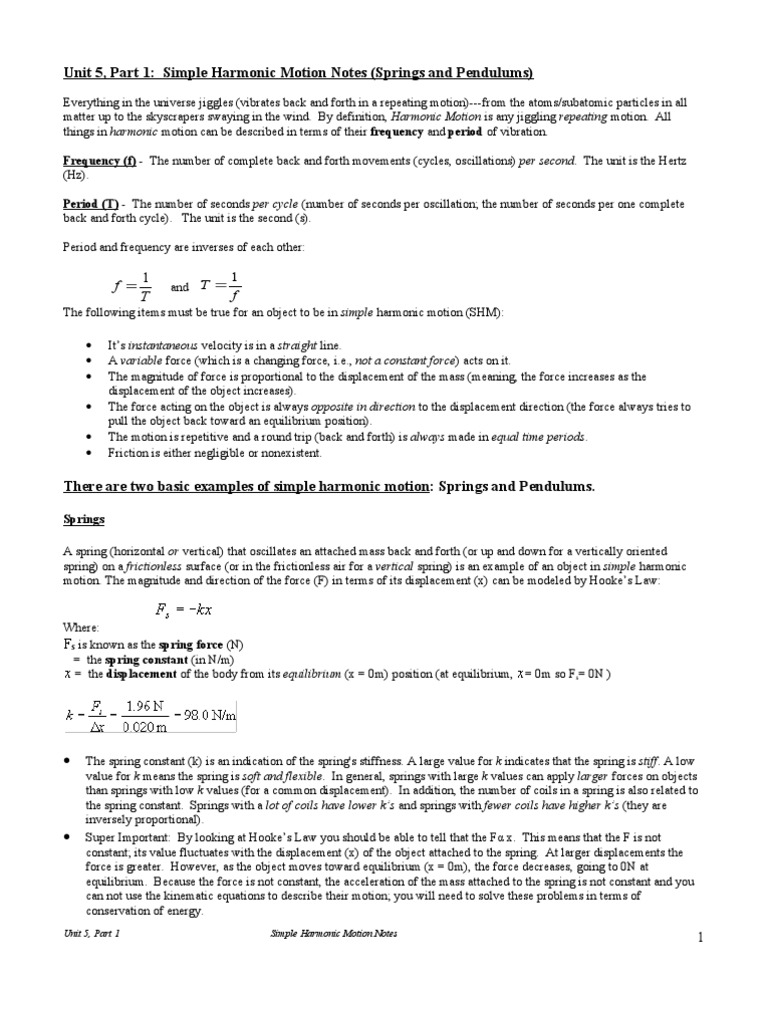 Unit 5 Part 1 Simple Harmonic Motion Notes | PDF | Force | Pendulum