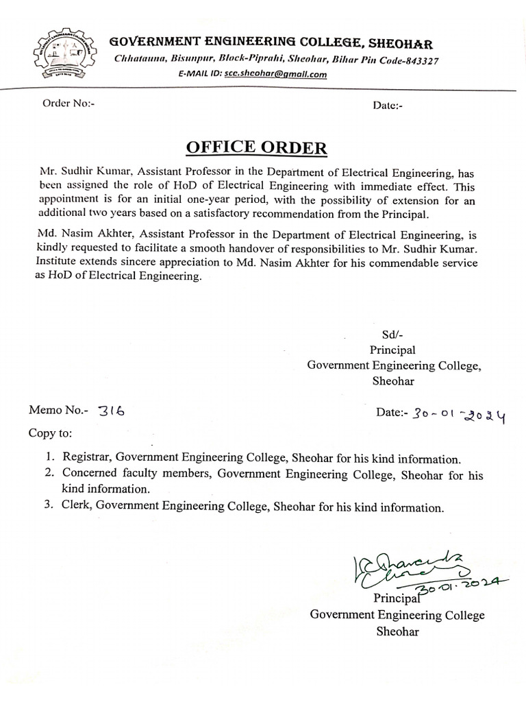 HoD EE Office Order | PDF