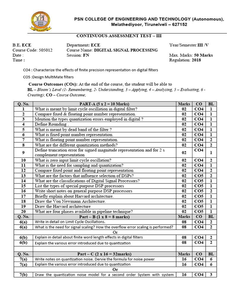 DSP CAT 3 Question Bank | PDF | Digital Signal Processing | Digital ...
