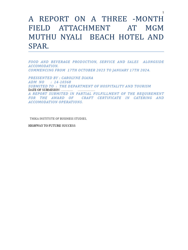 Industrial Attachment at Nyali Beach Hotel | PDF | Waiting Staff | Lunch