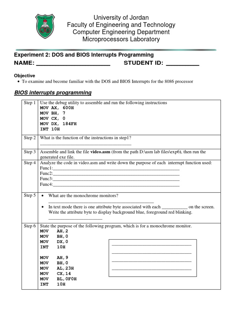 BIOS and DOS interrupts programming lab | PDF | Subroutine | Bios