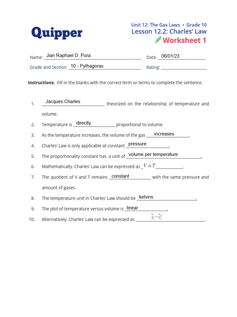 Science 10 12.2 Worksheet 1 | PDF