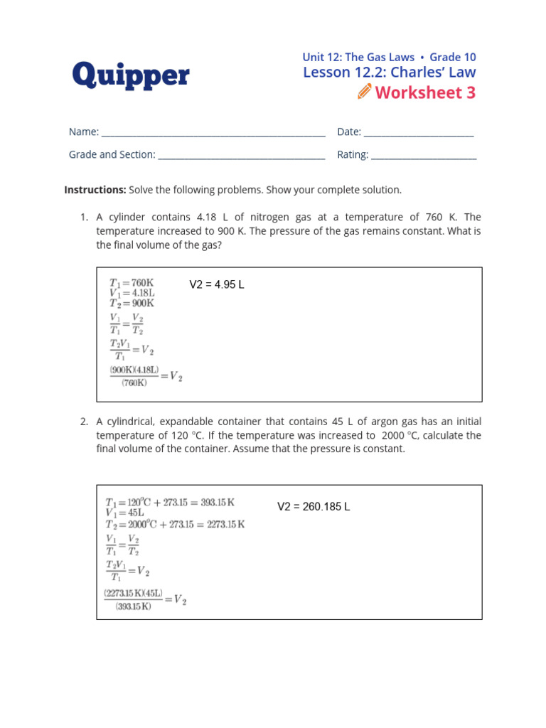 Charles' Law Worksheet Solutions | PDF