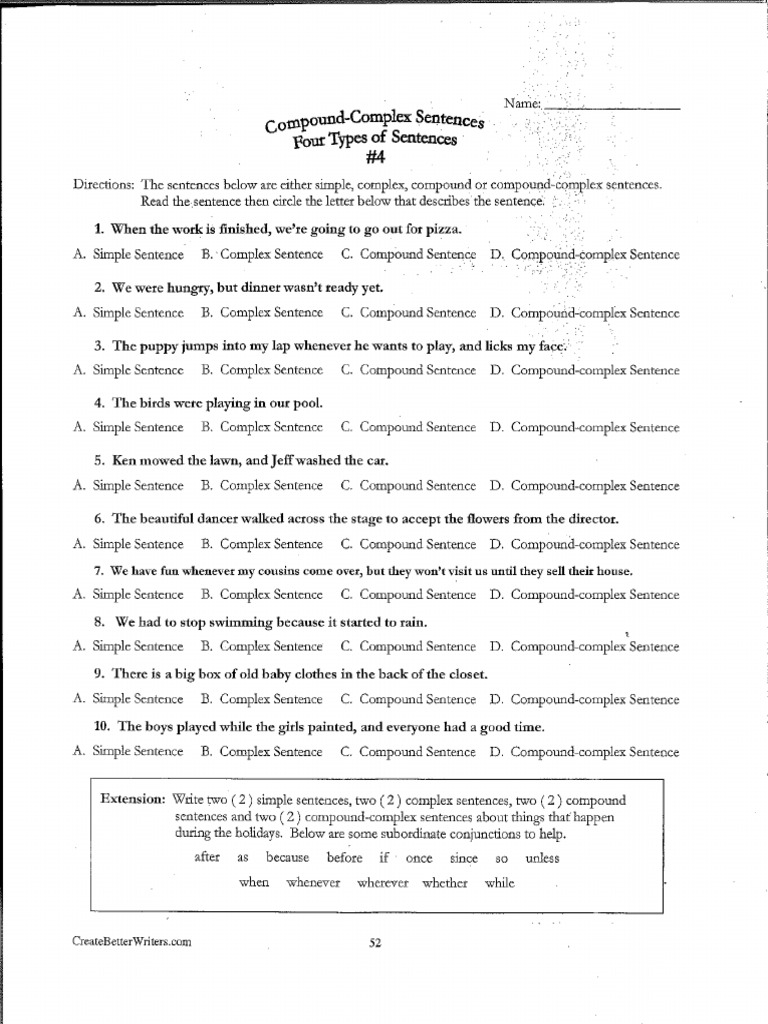 Simple Compound Complex Sentence Worksheet | PDF