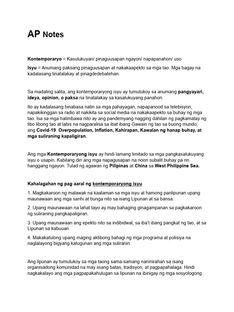 AP Notes Q1 M1 Kontemporaryong Isyu | PDF