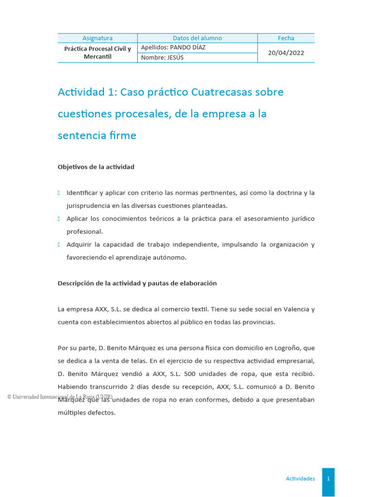 Actividad 1 Caso Práctico Cuatrecasas Sobre Cuestiones Procesales, de La Empresa A La Sentencia ...
