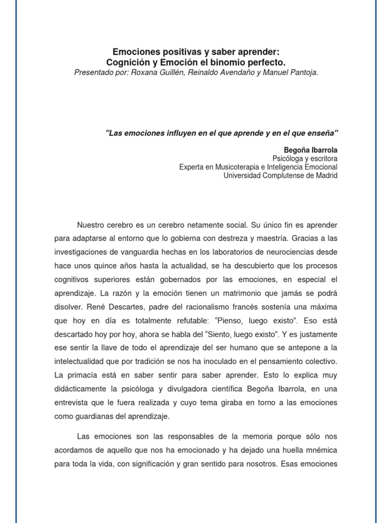 Emociones Positivas Y Aprendizaje Pdf Las Emociones Aprendizaje