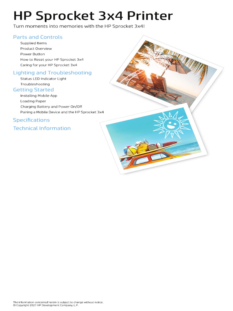 HP Sprocket 3x4 Printer Manual OUT | PDF