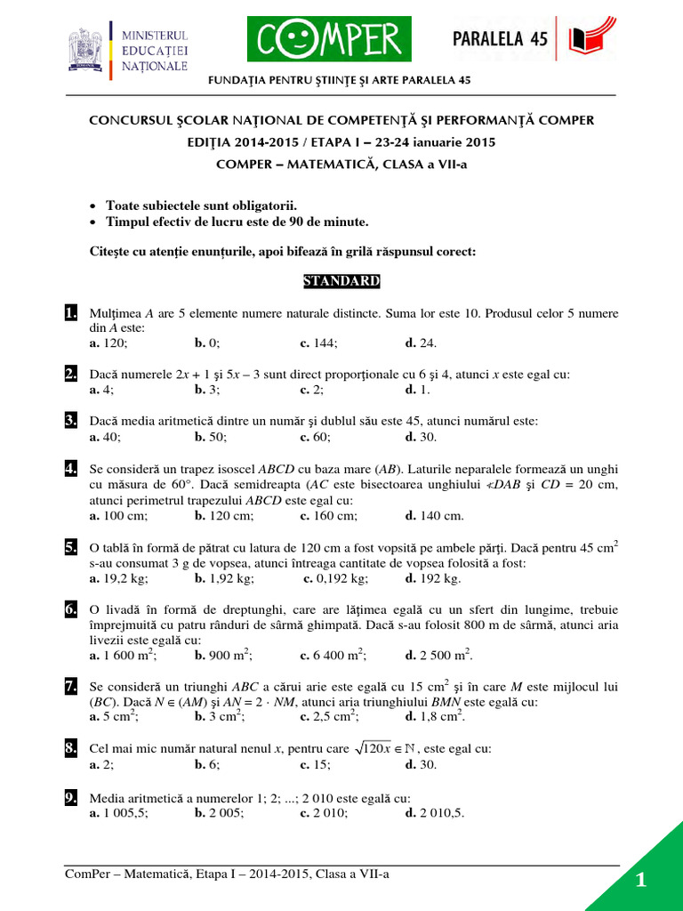 Subiect Si Barem Matematica Etapai Clasavii 14-15 | PDF