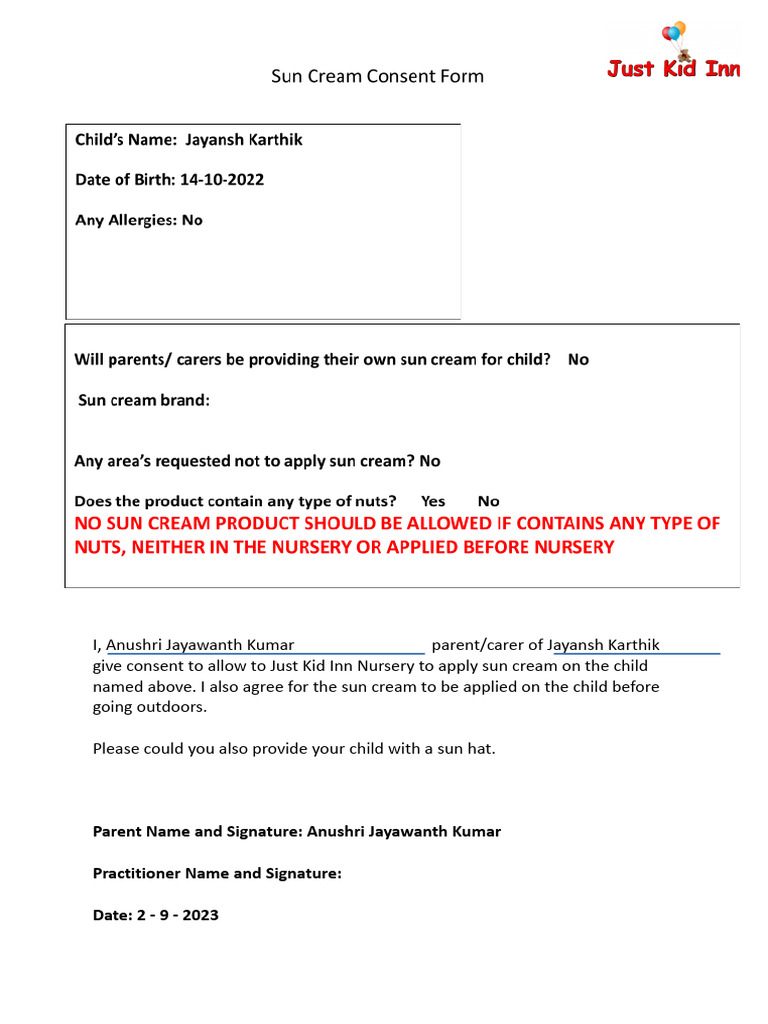Sun Cream Consent Form | PDF