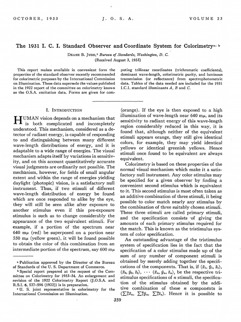 The 1931 I. C. I. Standard Observer and Coordinate System For ...