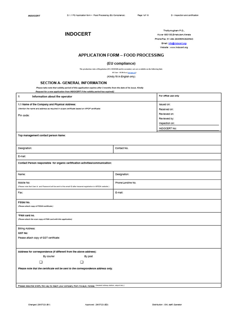 D.1.1FO Application Form - Food Processing (EU Compliance) | PDF