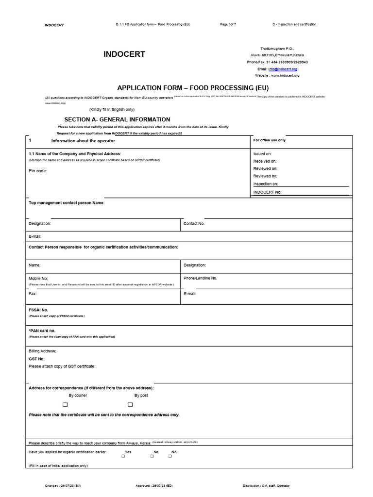 D.1.1FO Application Form - Food Processing (EU) | PDF