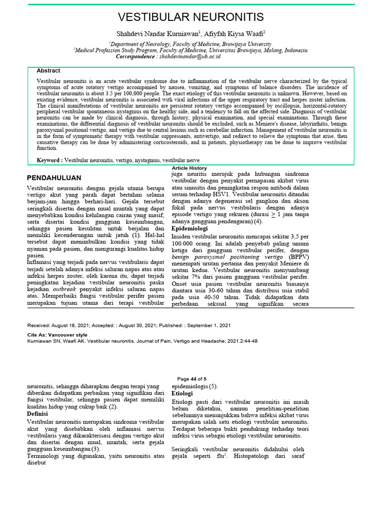 Admin, JPHV VESTIBULAR NEURONITIS 3 | PDF | Vertigo | Otology