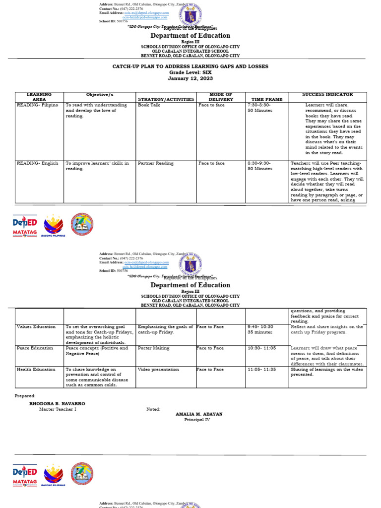 CATCH UP Plan 1 | PDF