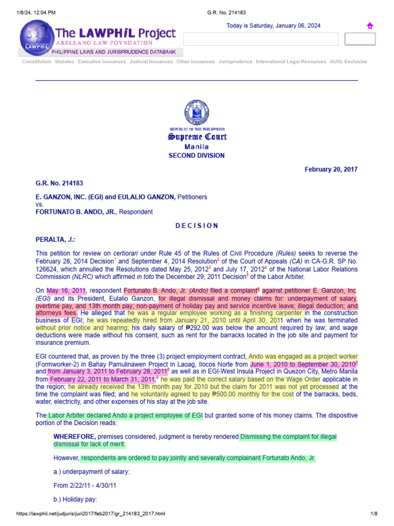 Kami Export G.R. No. 214183 | PDF | Employment | Certiorari