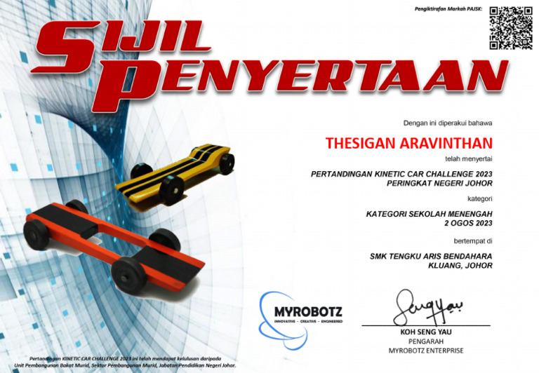Sijil Penyertaan Rasmi Kinetic Car Challenge Johor 2023 SEK MEN | PDF